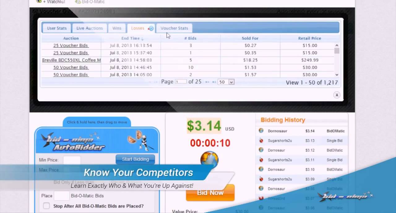 Quibids Bid Ninja AutoBidder Live Demonstration on Real Quibids ...