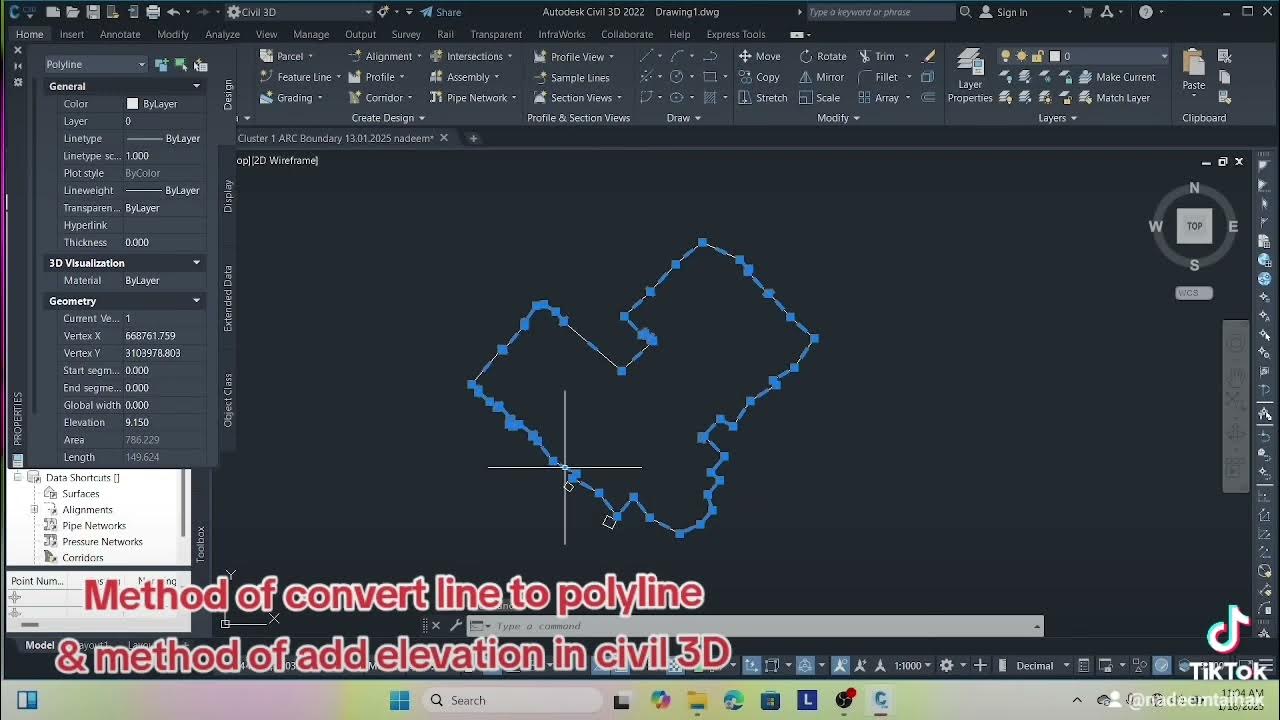 method of convert line to polyline & method of add elevation in civil 3D surveyor Nadeem ...