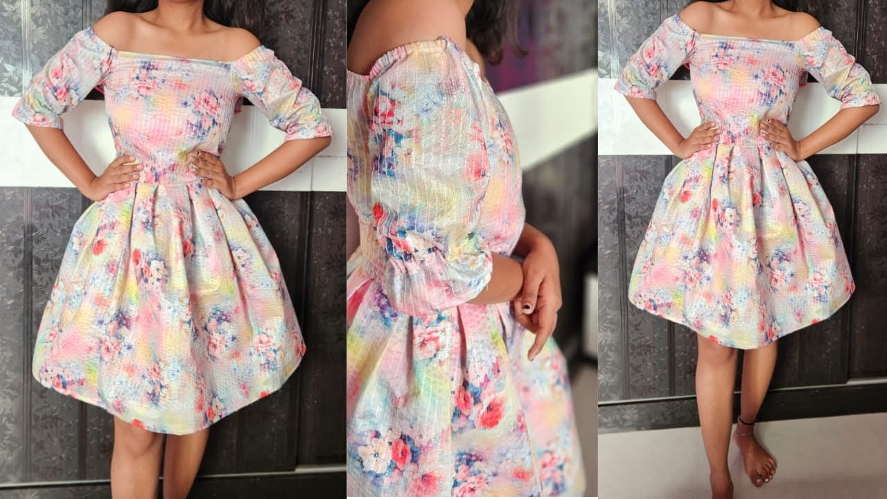 Off shoulder one piece cutting and stitching || designer frock cutting ...