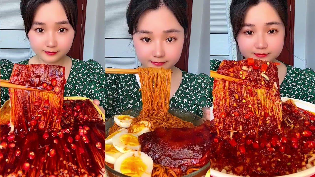 ASMR MUKBANG FOOD / SHOW EATING CHALLENGE, NOODLES FLAVOR SPICY, WITH ENOKI MUSHROOM CHILLI ...