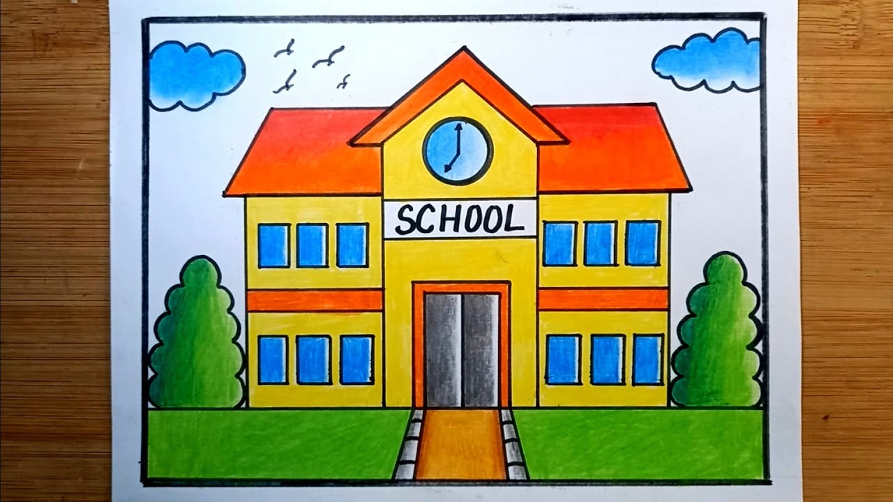 Easy And Beautiful School Scenery Drawing/ My School Drawing/ How To ...