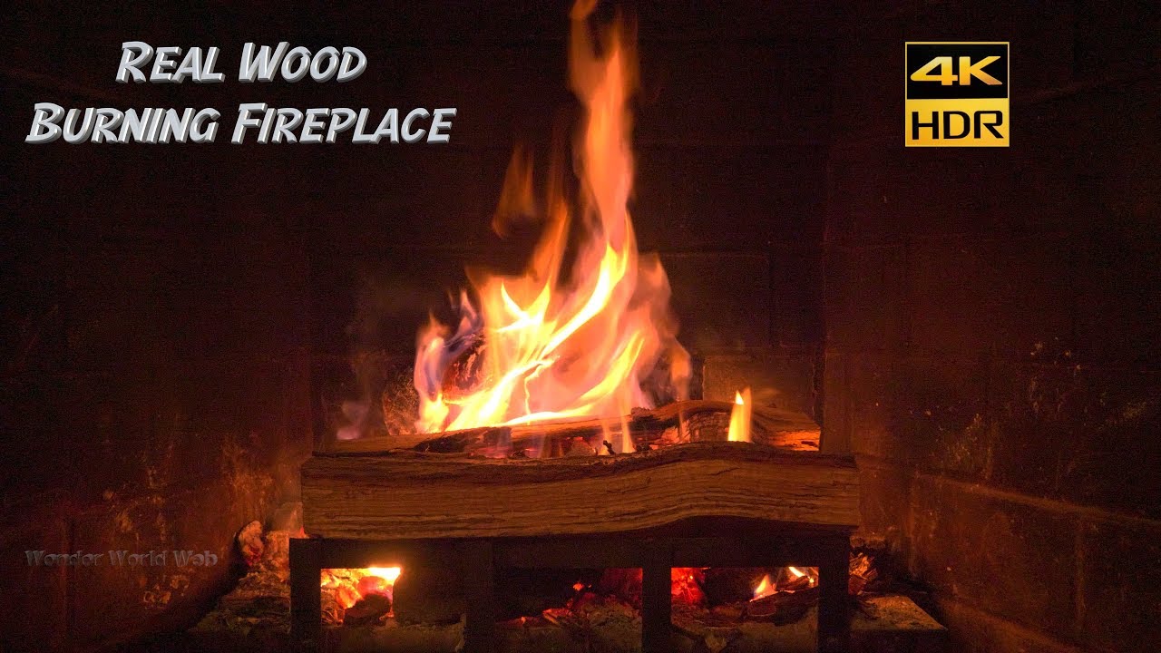 Real Wood Burning Fireplace 4K HDR Crackling Wood Burning Sounds ...