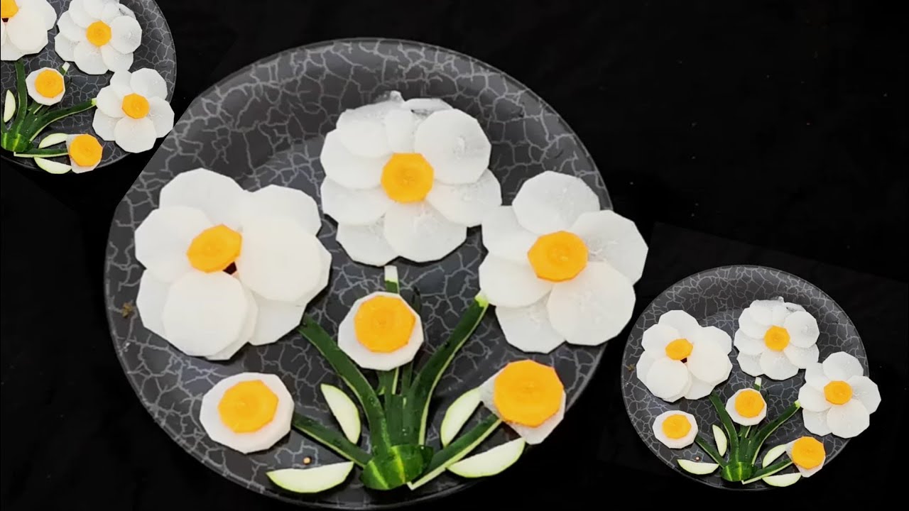 Radish Flowers//plate decoration//carving //Garnishing //মূলা দিয়ে ...