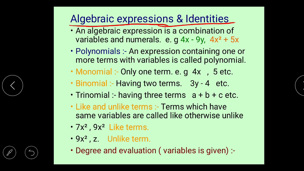 Find Degree . Evaluation, Addition, Subtraction of Algebraic expression ...