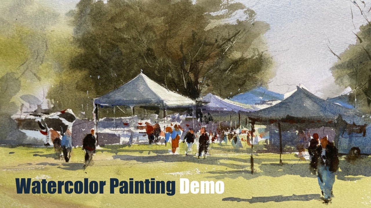 watercolor demo : painting a sunny day in the market - YouTube