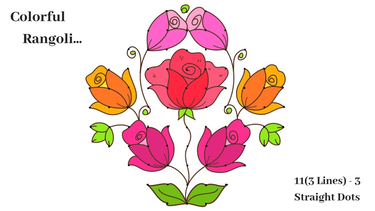 Rose flowers rangoli * New Year Rangoli * Roses rangoli with dots ...