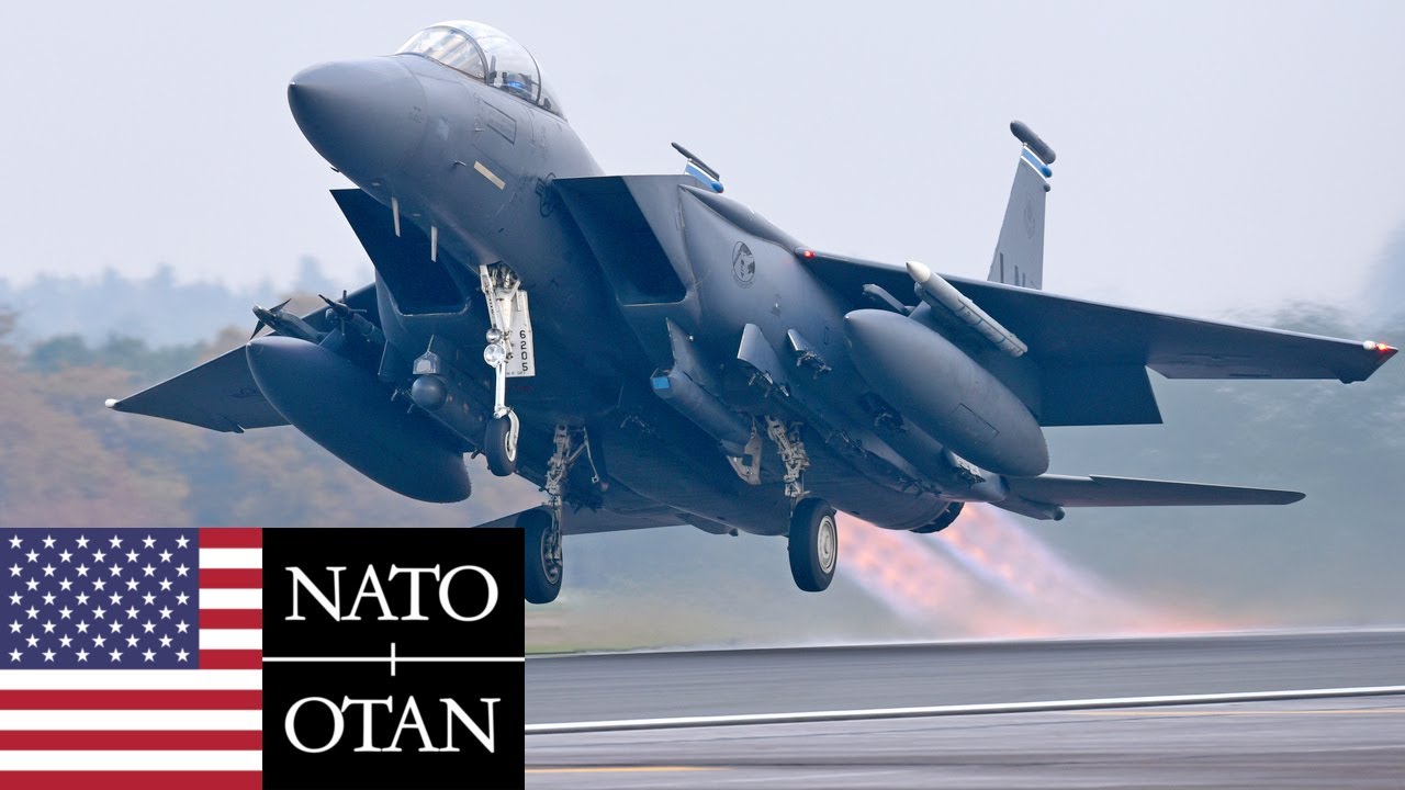 US Air Force, NATO. Powerful afterburner takeoff of F-15E Strike Eagle fighters. - YouTube