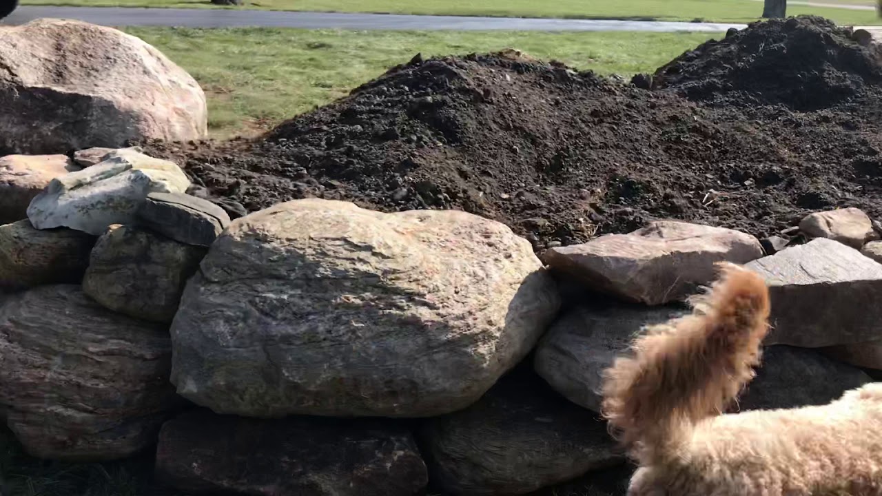 Landscaping along a property line with derelict stones and boulders DIY ...