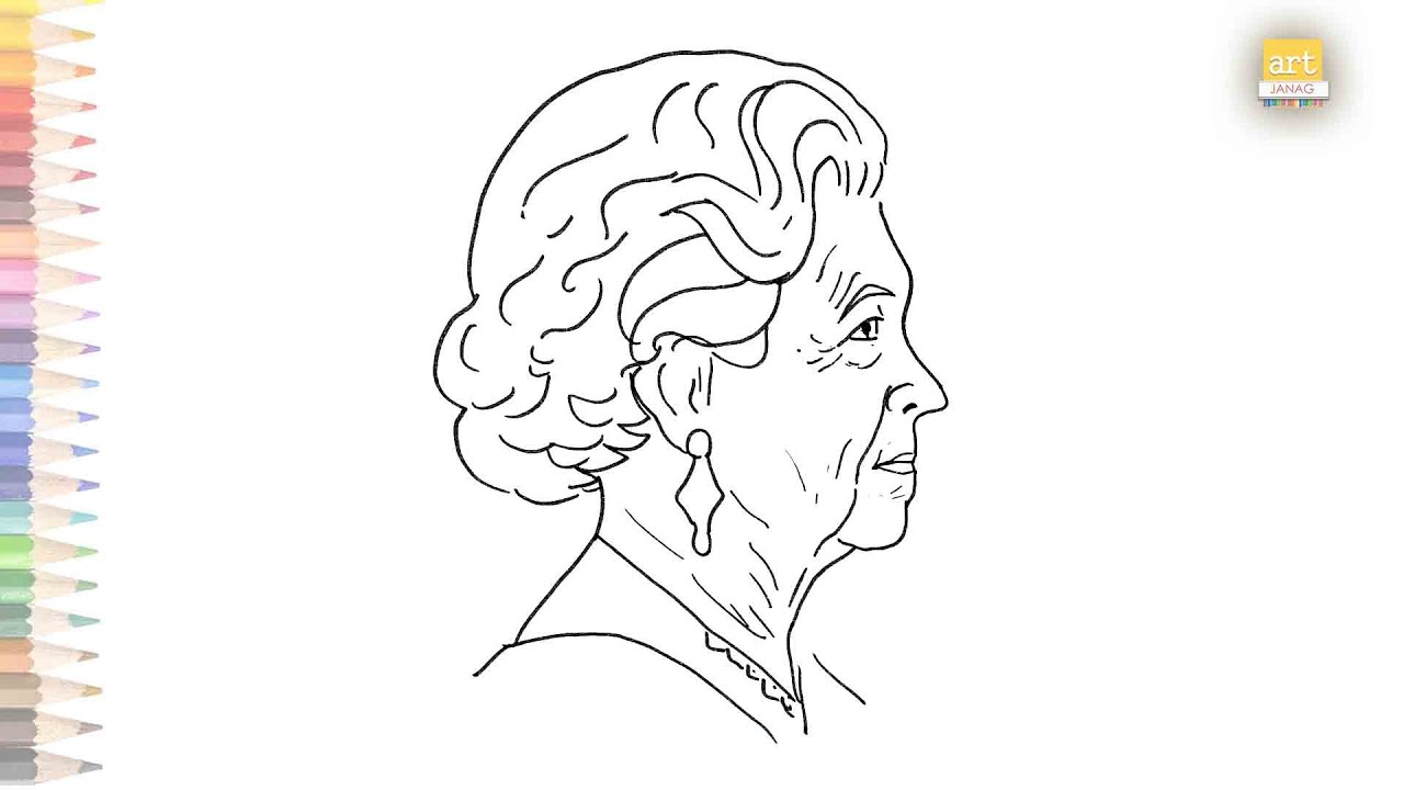 Queen Elizabeth II Face profile drawing easy 19 | How to draw Queen ...