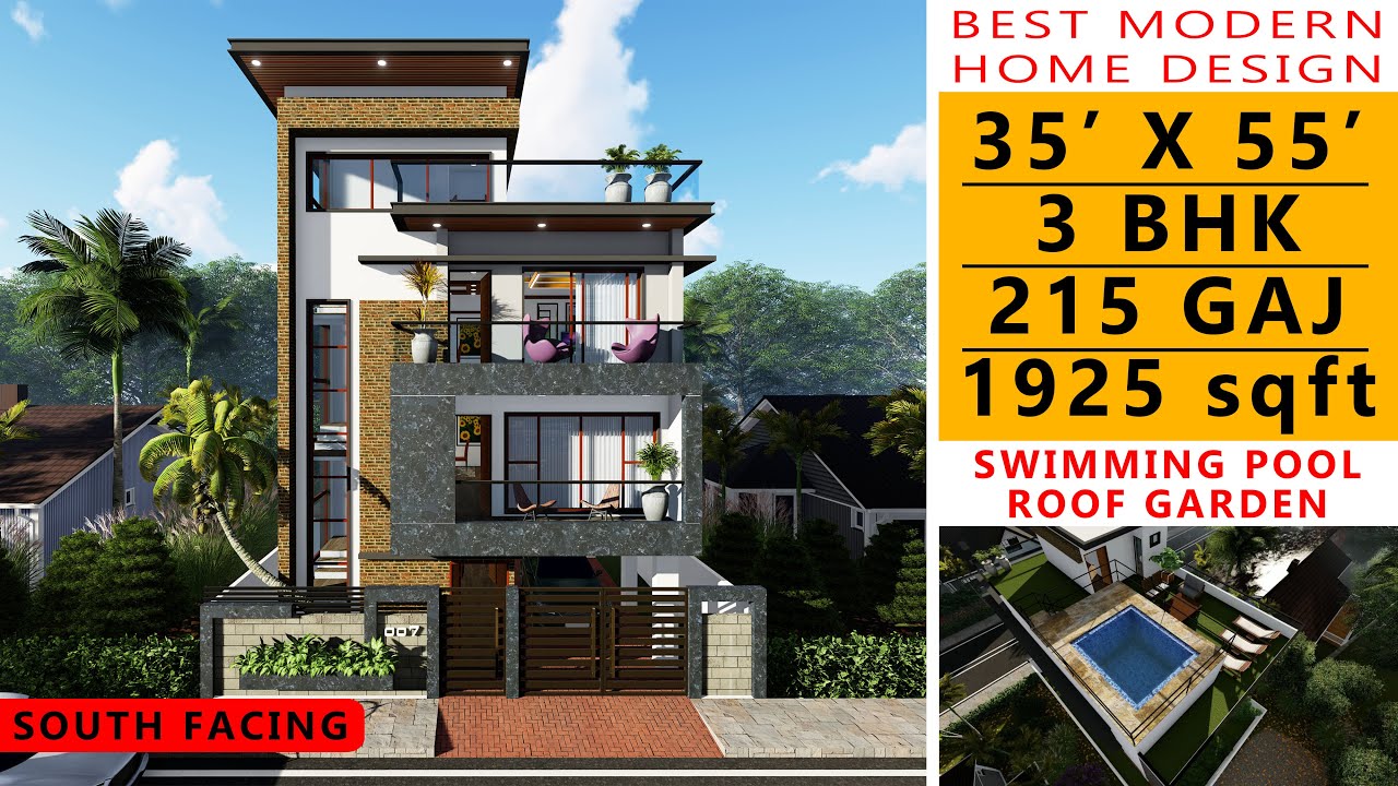 35' x 55' FEET HOUSE PLAN | 3BHK BUNGALOW | 215 GAJ | 1925 SQUARE FEET ...