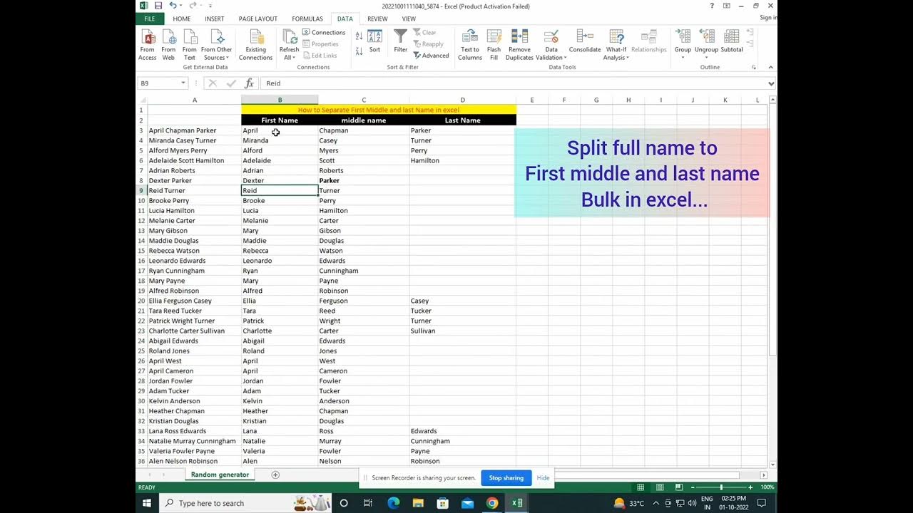 Split Full Name to First, Middle and Last name bulk in excel. - YouTube