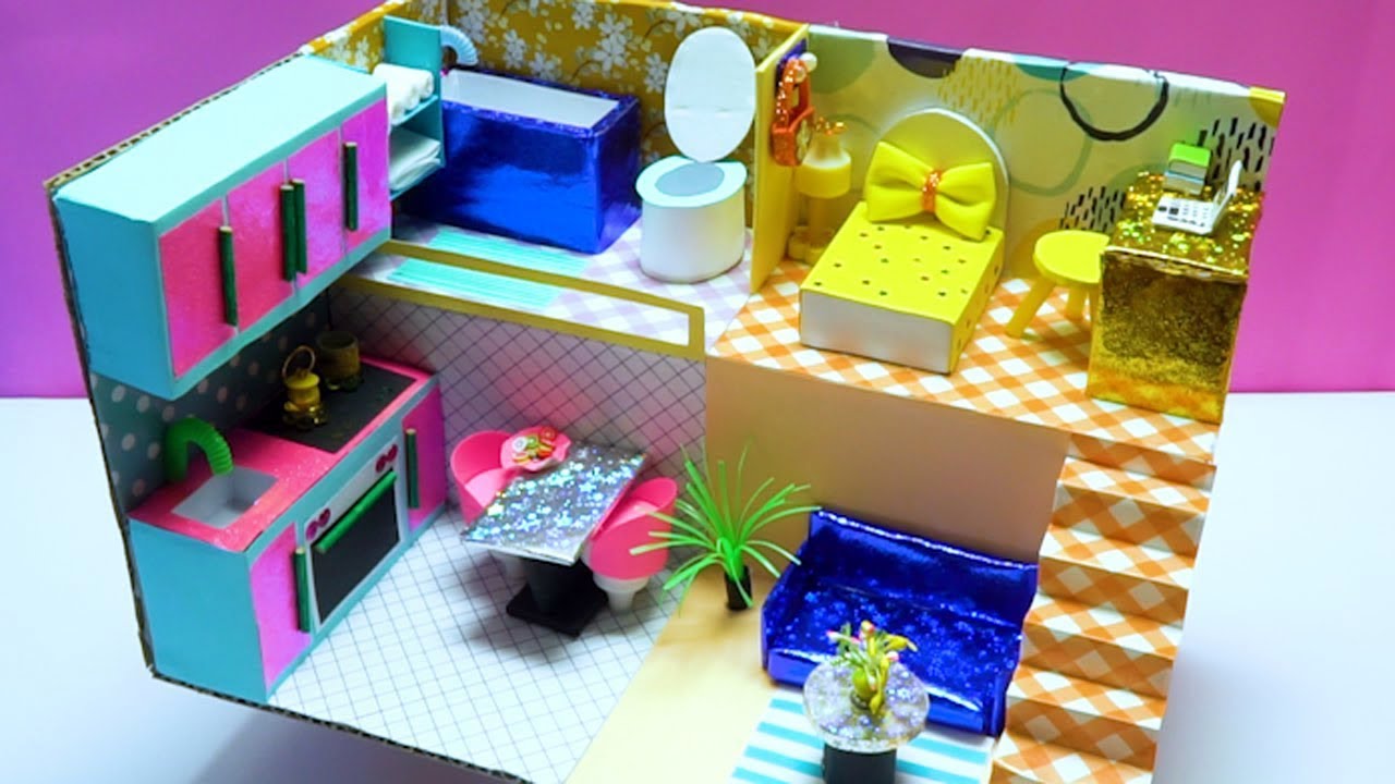 DIY Miniature Cardboard House With Bathroom, Kitchen, Bedroom, living ...