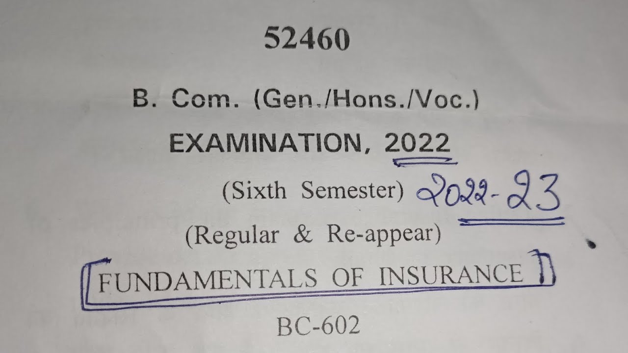 Fundamentals of Insurance Question Paper 2023 for B.com 6th sem paper ...