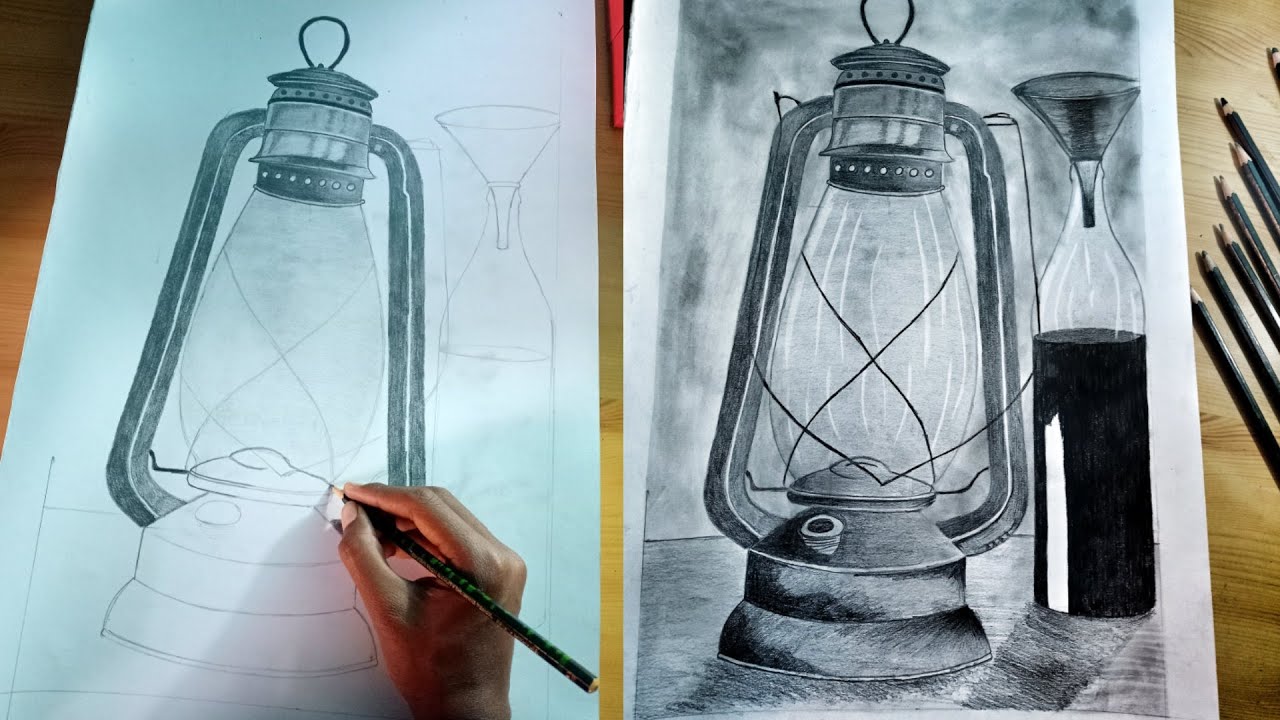 Lantern Lamp Shading ️ || Still life Drawing || Hurricane Lamp pencil ...