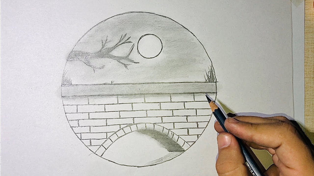 How to draw in circle bridge scenery drawings || #drawing #learn #art # ...