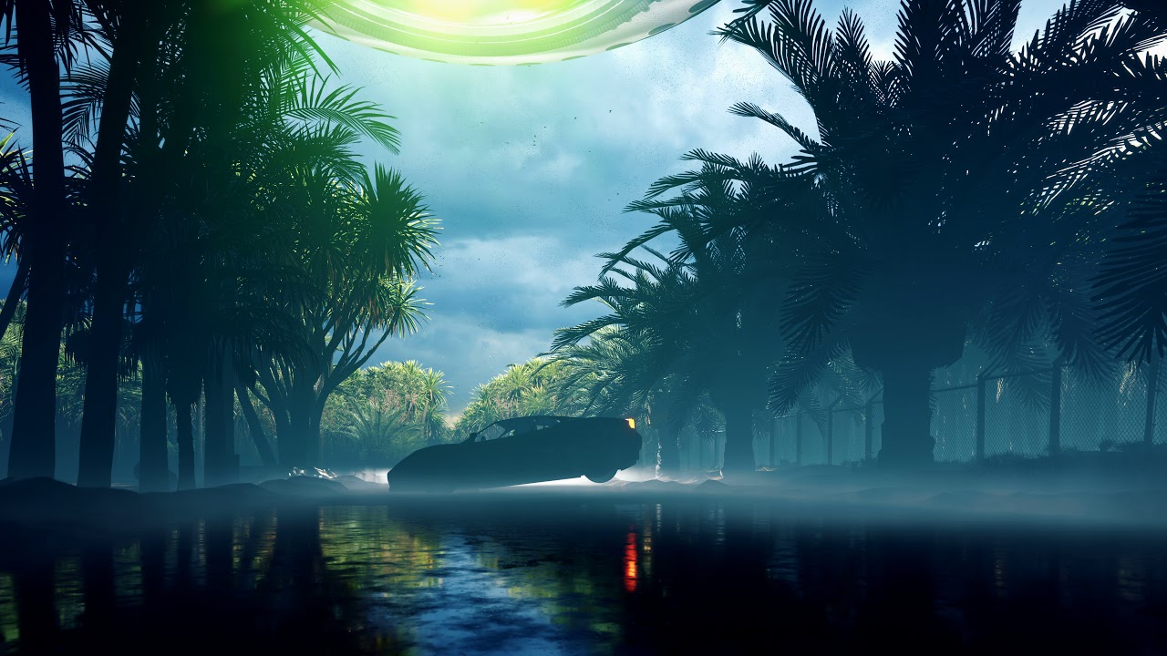 An alien UFO flies over the highway and captures a passing car, for sci ...