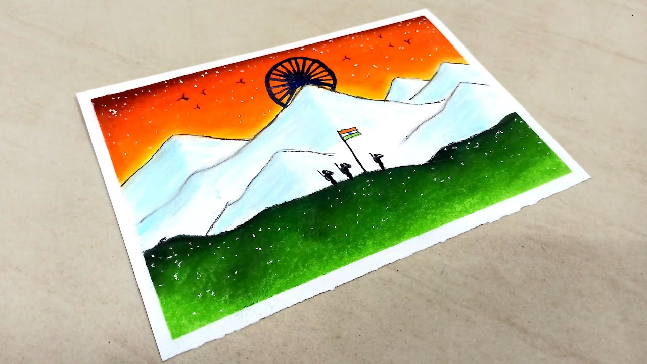 Tricolour mountain scenery drawing - independence day scenery drawing ...