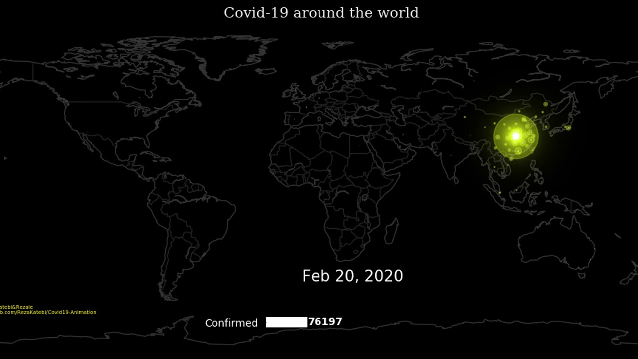 Corona Virus spread visualization using Python and Cartopy in Dark ...