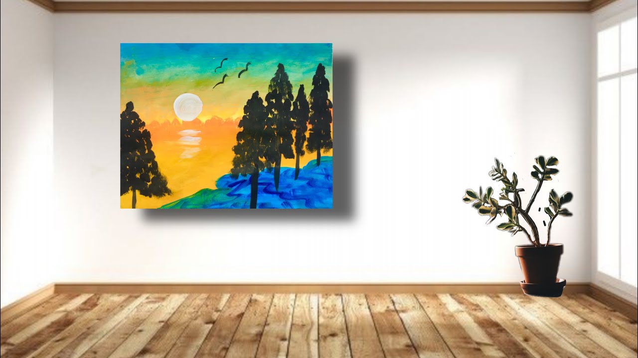 Sunset painting With Blue Theme | Easy Acrylic Painting for Beginners ...