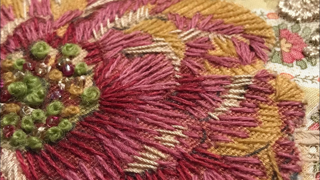 Pt1: Vintage gold and pink thread painted & beaded slow stitch # ...