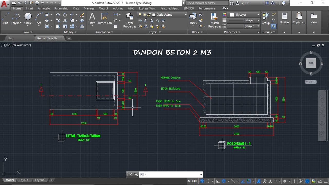 Cara membuat Detail Tandon Tanam/Tandon Beton di AutoCAD | Free Model ...