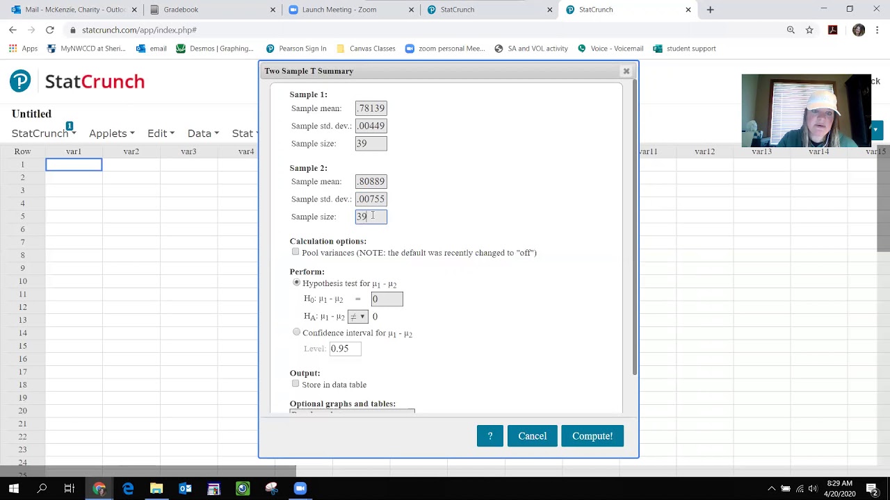 9.2 Two samples with mean on statcrunch - YouTube