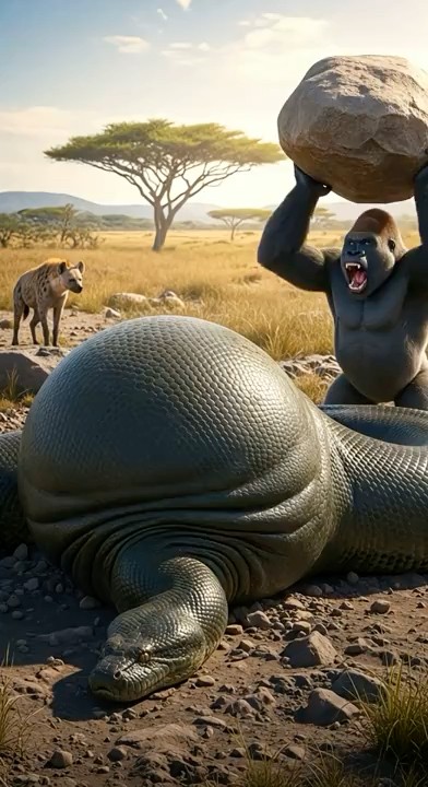 Shocking! Gorilla SMASHES Snake Open to Rescue Hyena! - YouTube
