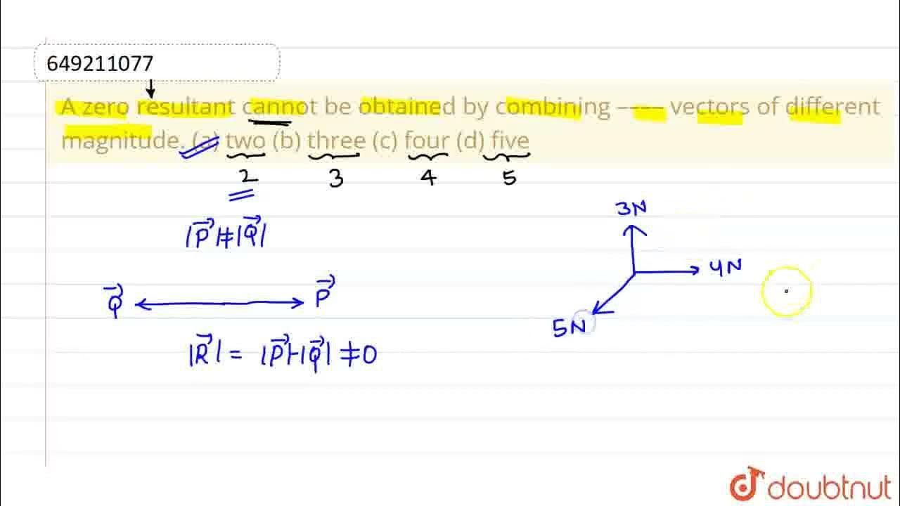 A zero resultant cannot be obtained by combining –––– vectors of different magnitude. (a) two (b ...