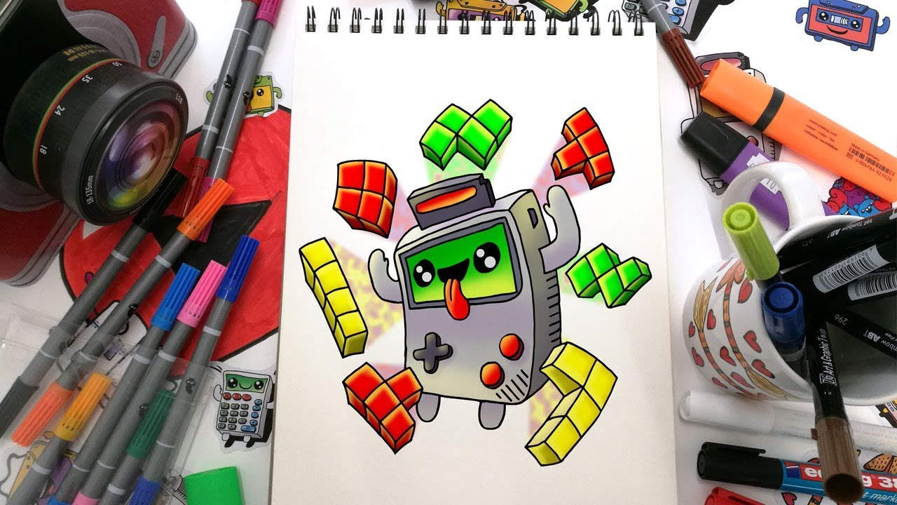 How to Draw a Cute Kawaii Nintendo Game Boy with Tetris Cubes - YouTube
