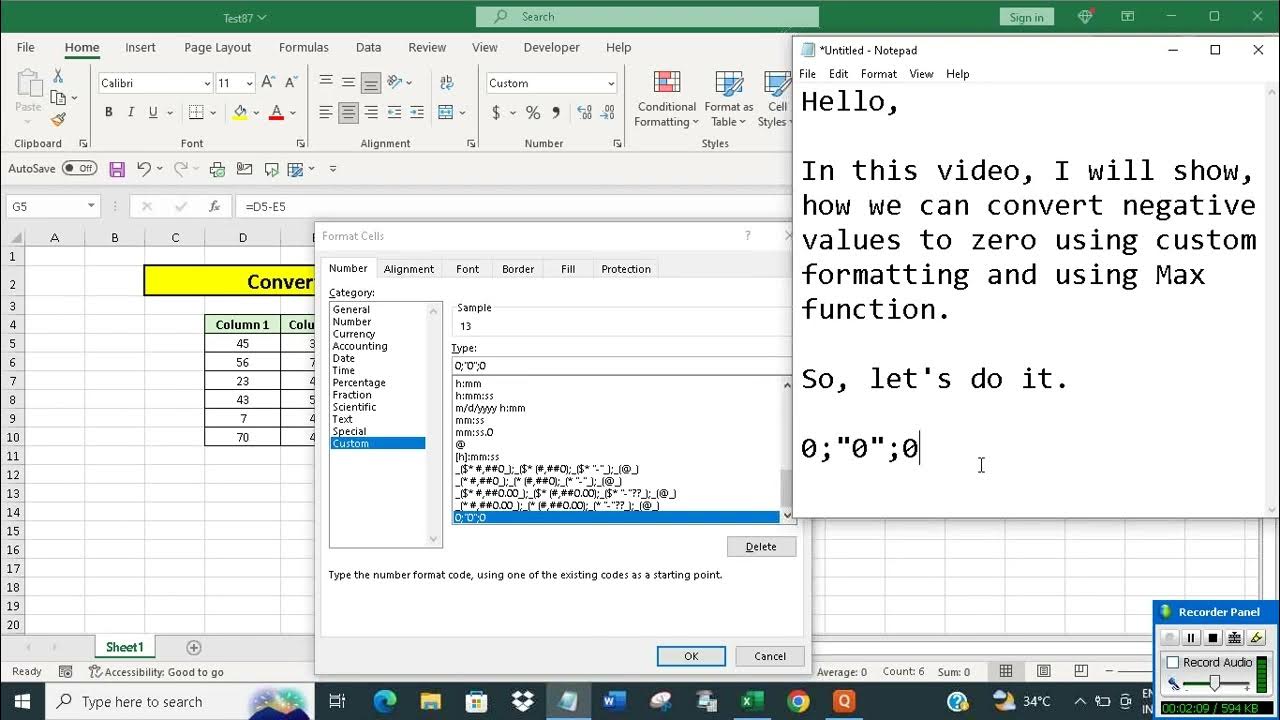 Convert negative values to zero using Custom formatting and Max function in Excel - YouTube