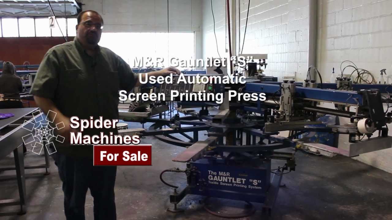 Used M&R Gauntlet 6 color 8 station Screen Printing Press - YouTube