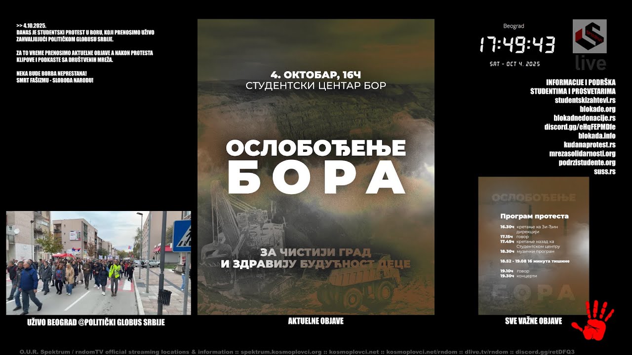 STUDENTSKI PROTEST U BORU 4.10.2025. - O.U.R. Spektrum livestream - YouTube