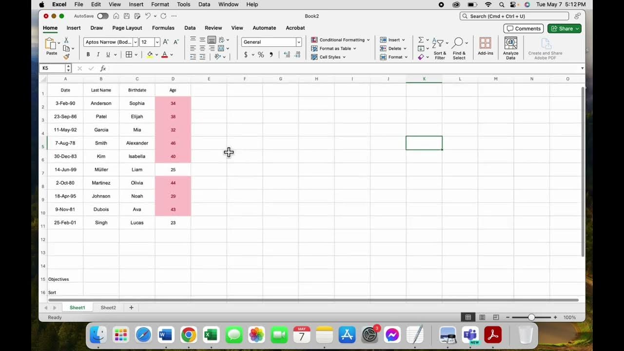 MS Excel Activity 2 (Sort, Age Computation, Conditional Formatting) - YouTube