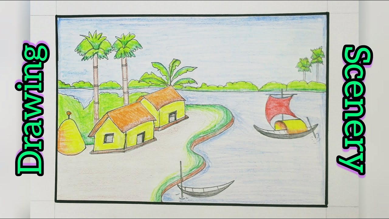 How to draw riverside village scenery || Very easy drawing of Riverside ...