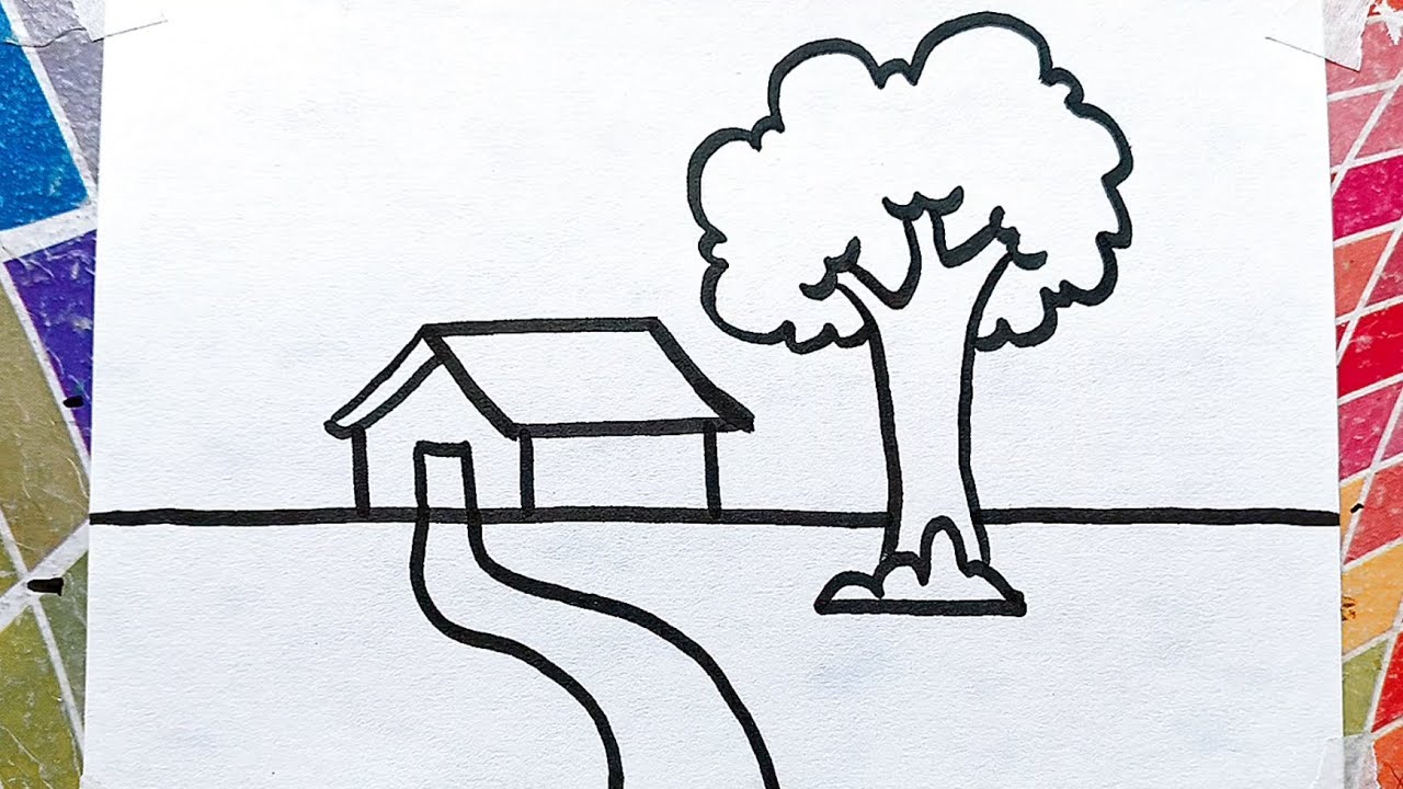 How to Draw a Simple House and Tree | Easy Scenery Drawing for Kids ...