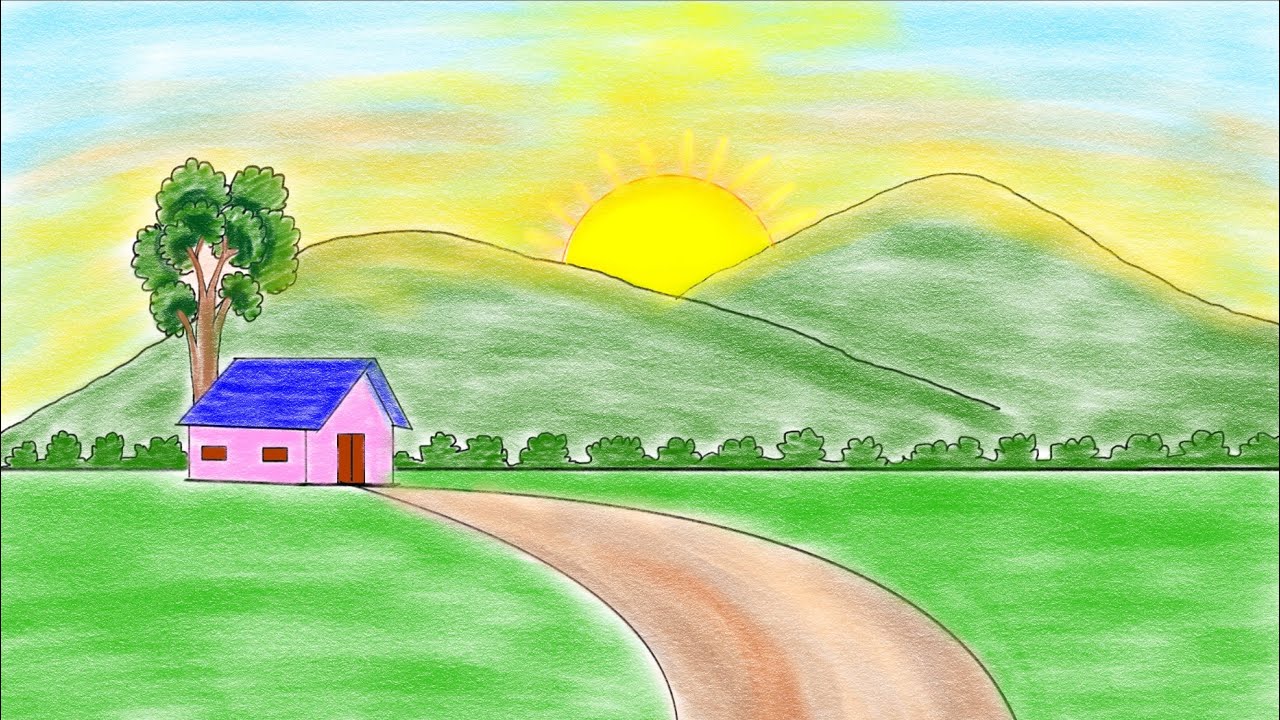 How to draw sunrise and mountain scenery /easy drawing sunrise and ...