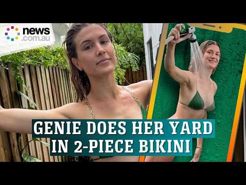 Genie Bouchard turns heads in a green bikini while doing 'yard work'