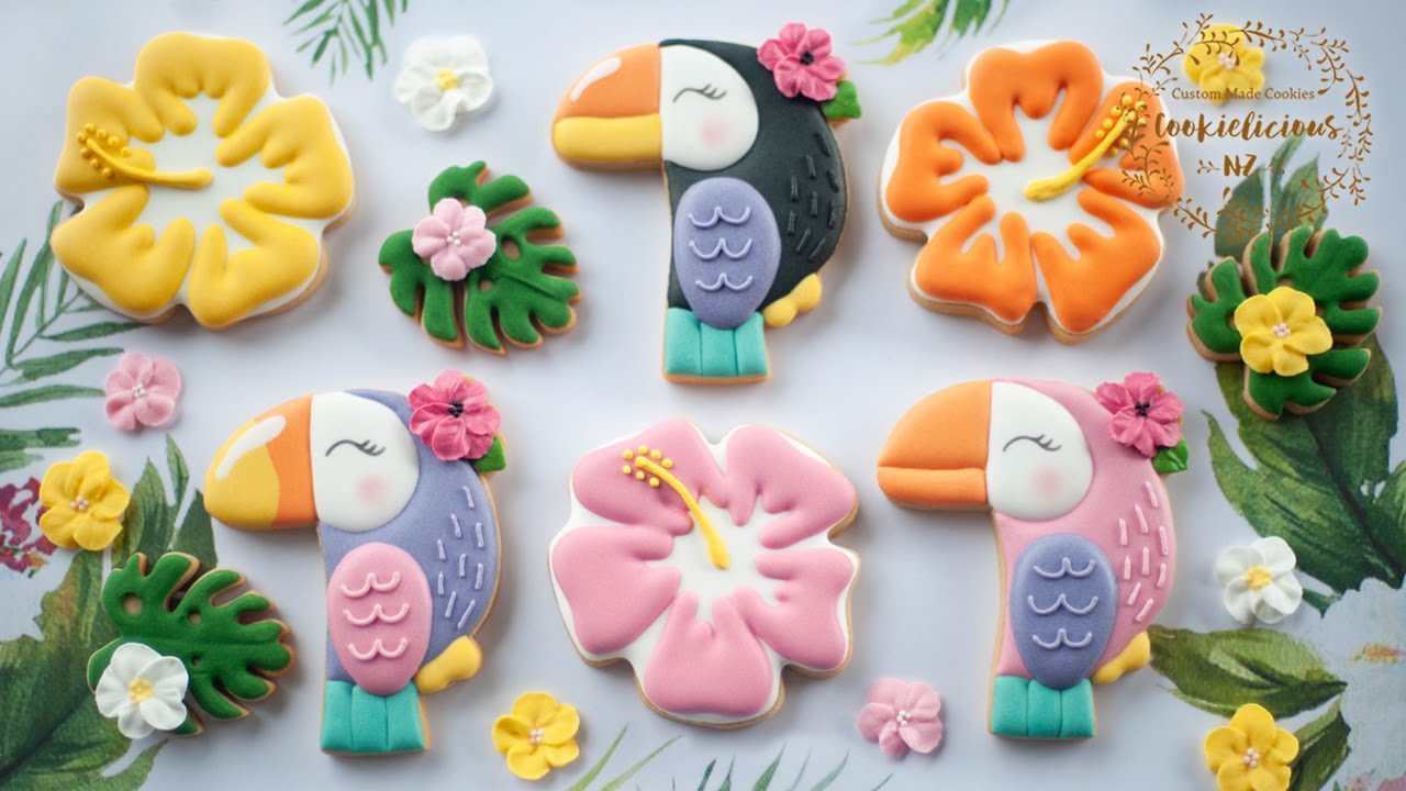 How to decorate Girly Toucan Bird & Hibiscus Flower Cookies ~ Summer ...