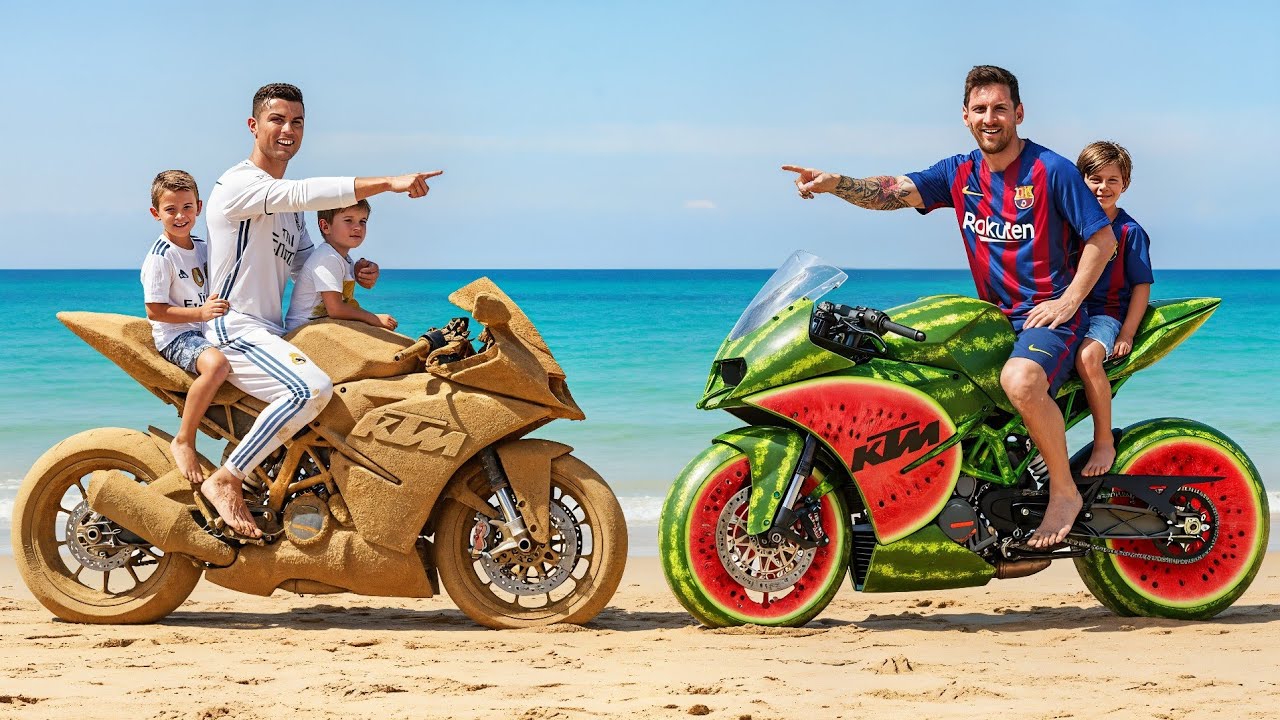 When Messi Rides a Watermelon Bike & Ronaldo Rides a Sand Bike 😲 - YouTube