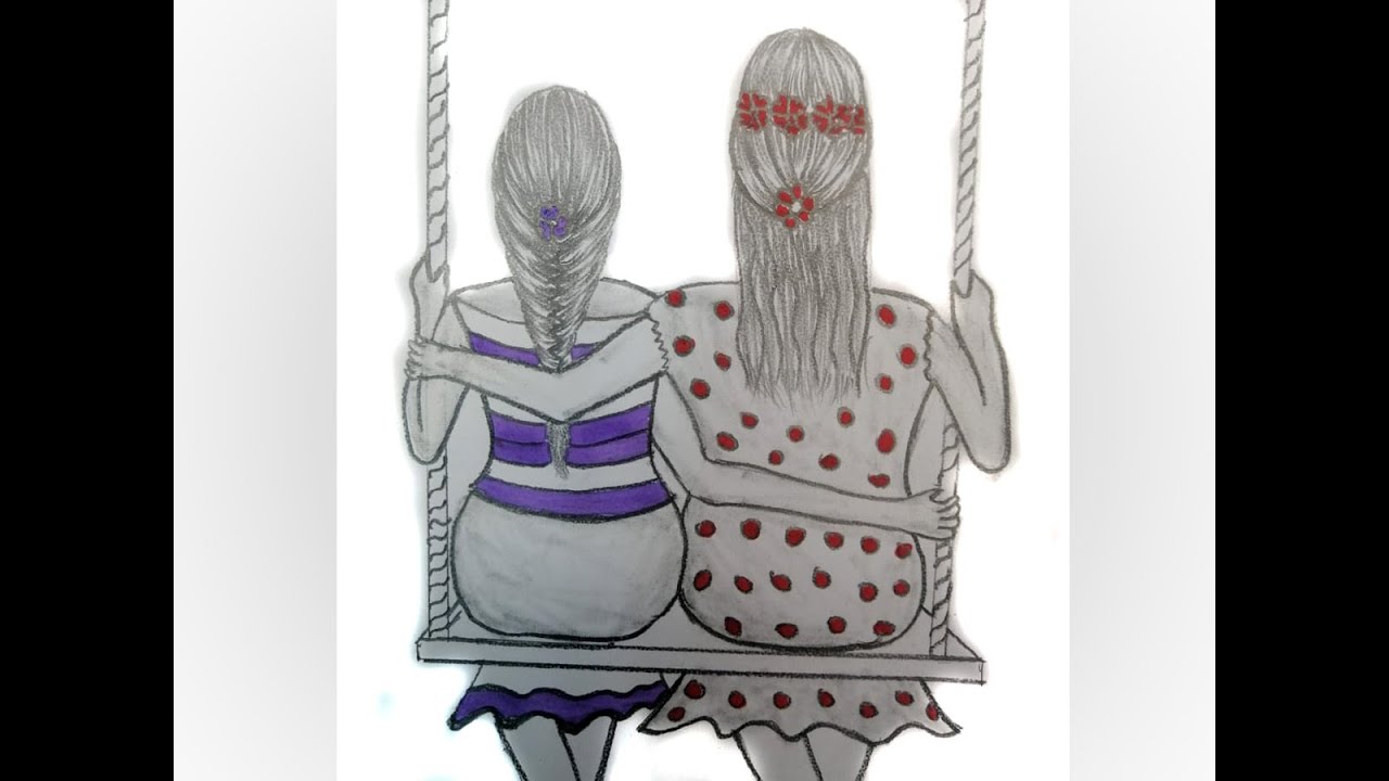 How to draw Best friends sitting together on a swing ll Easy drawing ...