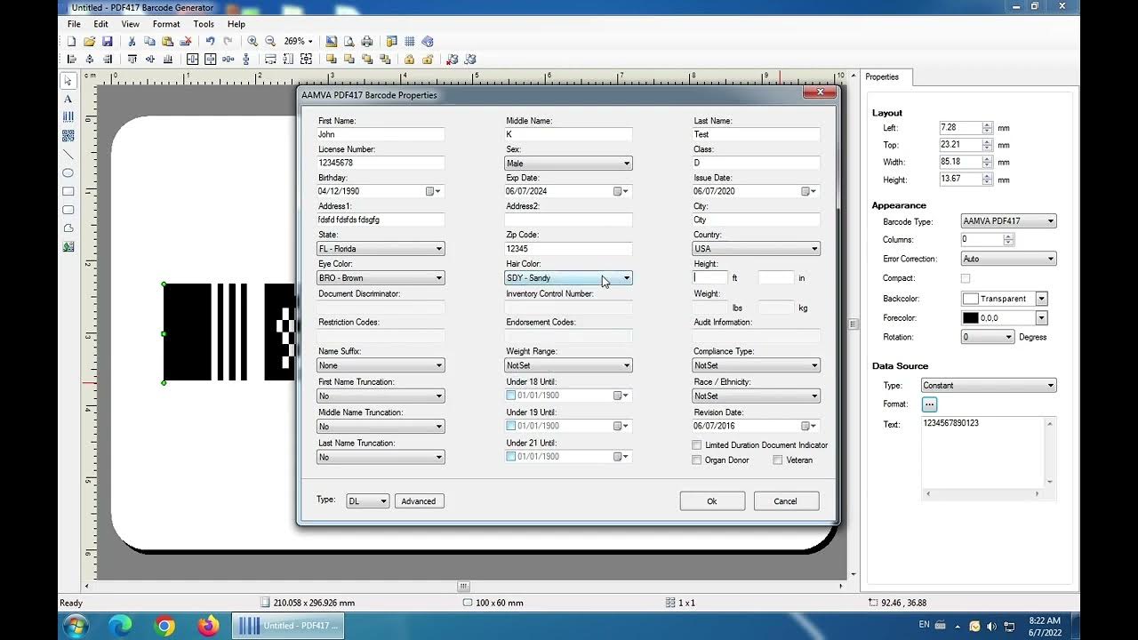 pdf417 driver's license barcode generator - YouTube