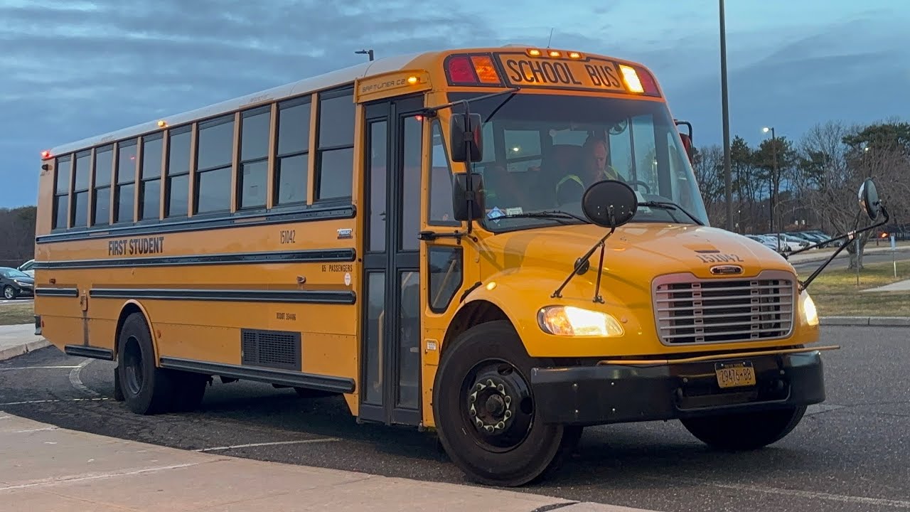 First Student School Bus 151042 Stopping at the School - 2015 Thomas C2 ...