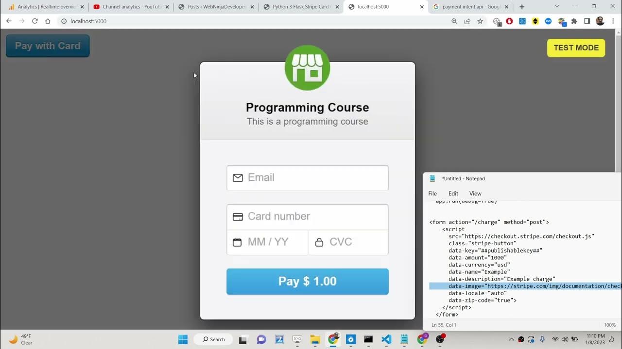 Python 3 Flask Stripe Card Checkout Example Using Charges API in Browser Using HTML5 Form in JS ...