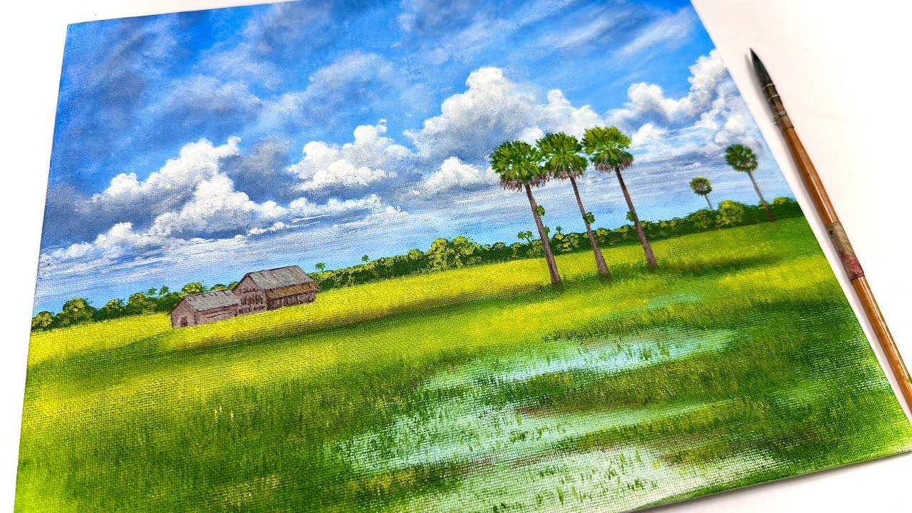 PUDDLES OF WATER in the grassy field / Landscape / Acrylic Painting ...