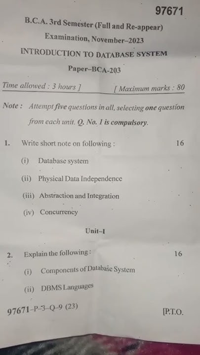 #bca question paper 3rd semester introduction to database management system 2023 #mdu - YouTube