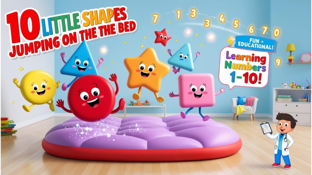 10 Little Shapes Jumping on the Bed | Learn Numbers 1–10 & Shapes | Fun ...