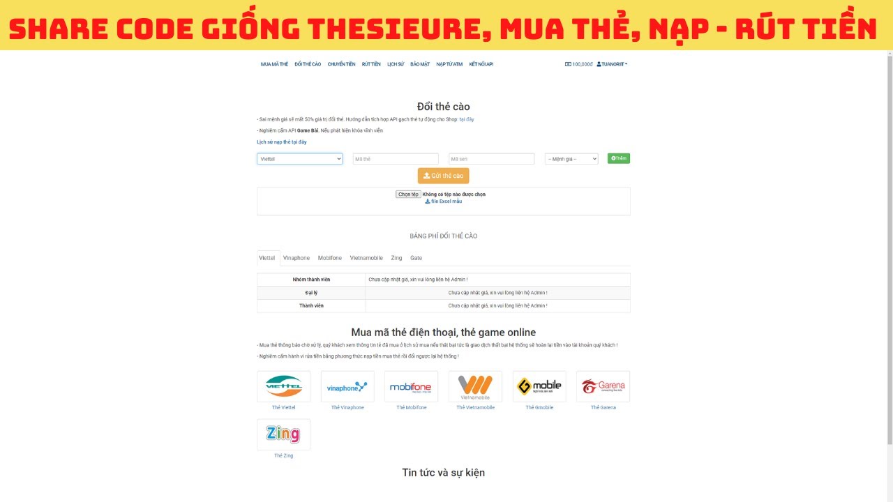 SHARE CODE GẠCH THẺ CÀO CHẬM NHƯ THESIEURE.COM, CÓ RÚT TIỀN, CHUYỂN ...