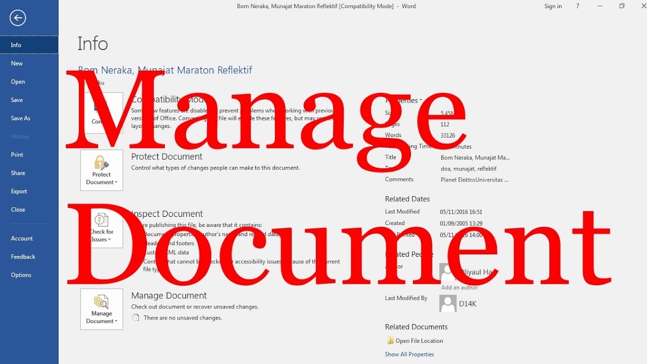 Mengelola Manage Document - Tutorial Lengkap Microsoft Word 2016 Part 3 ...