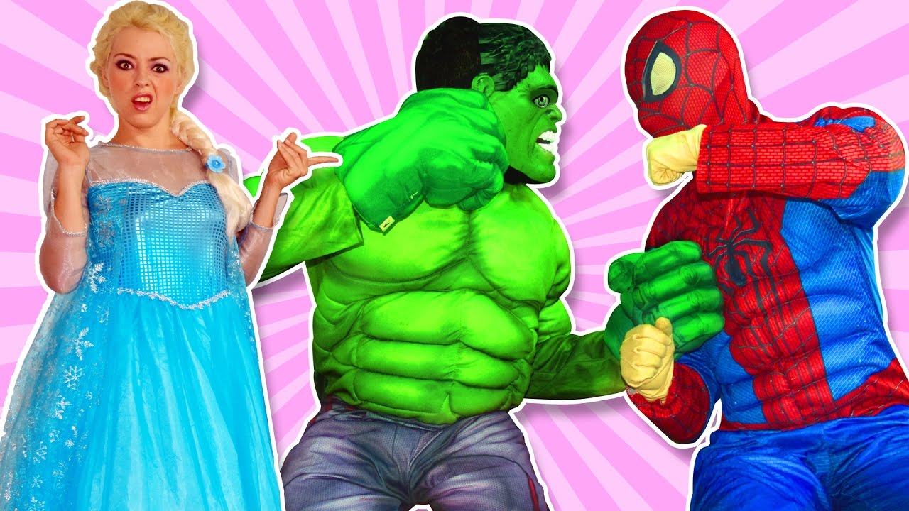 Spiderman vs Hulk Frozen Elsa Princess Anna Fight Prank Video Superhero ...