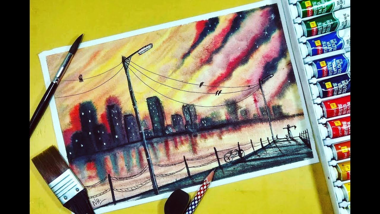 Watercolour Sunsetting cityscape painting in bangla by- Md. Noman ...